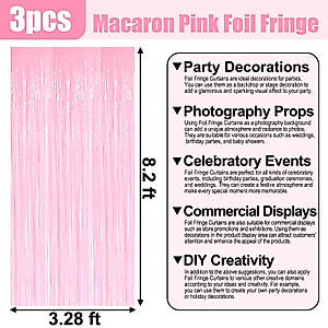3 Pack Macaron Pink Foil Fringe Curtain Backdrop, 3.28Ft x 8.2Ft Metallic Tinsel Foil Fringe Streamer Curtains for Photo Booth, Valentine's Day, Christmas Day, New Year, Wedding Party Decorations