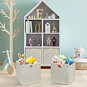 Posprica 13x13in Collapsible Storage Bins, 4 Pack Fabric Foldable Cube Storage Bins with Wooden Carry Handles, Decorative Storage Baskets for Bathroom Organizer, Shelves, Closet, Nursery, Toy -Beige