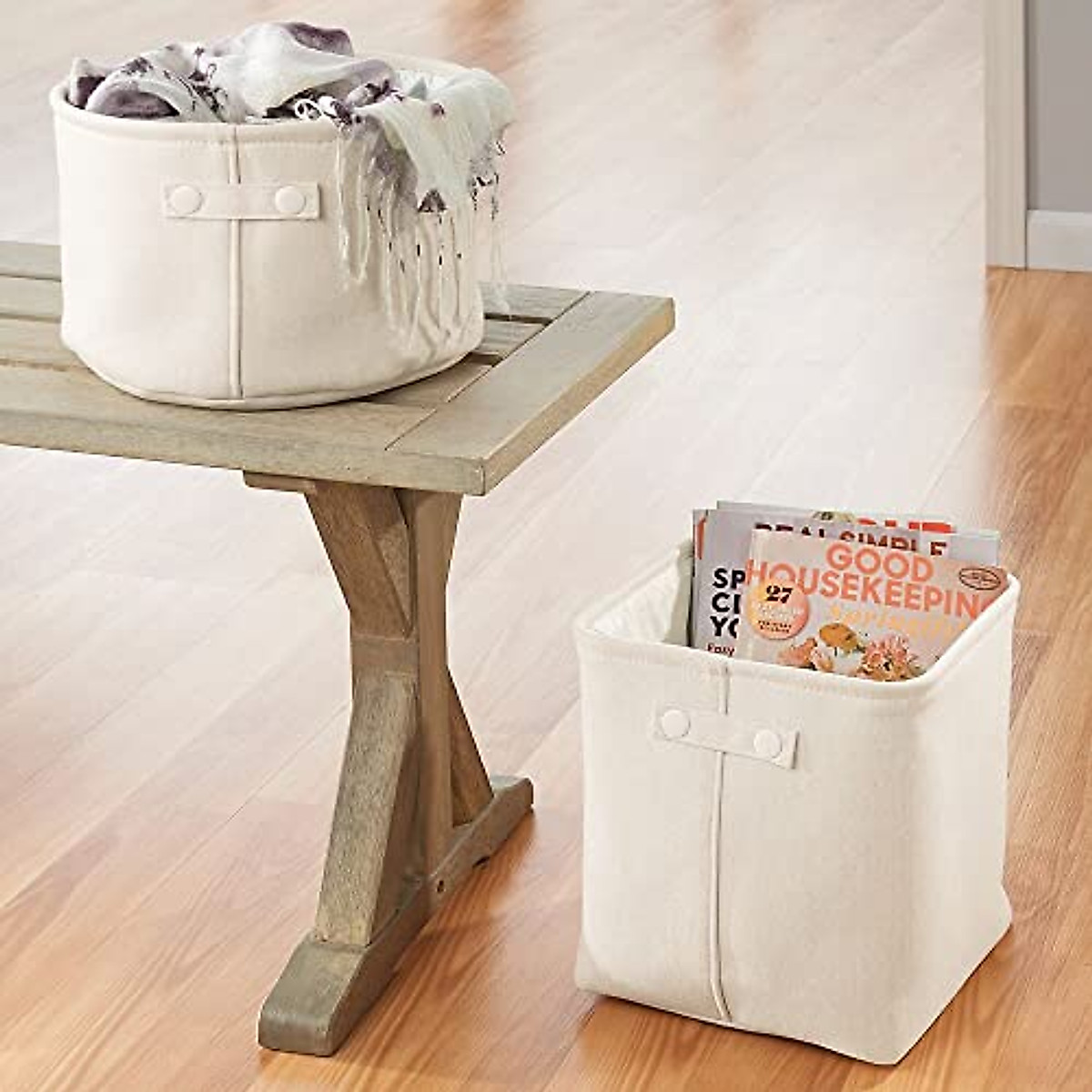 mDesign Soft Cotton Fabric Bathroom Storage Bin with Handles - Organizer for Towels, Toilet Paper Rolls - for Closets, Cabinets, Shelves - Textured Weave - Cream/Beige