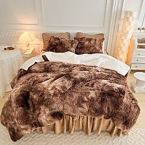 Fur Bed in a Bag Queen Size Faux Fur Comforter Set White with Coffee - 6 Pieces Shaggy Comforter Set Adult Size - Luxury Warm Winter Bed in a Bag Style with Flannel Bed Skirt, Pillowcases