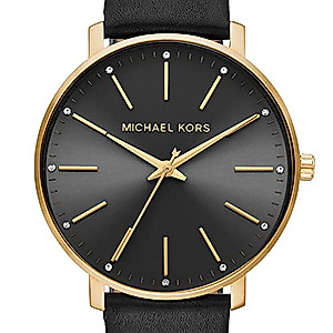 Michael Kors Women's Pyper Stainless Steel Quartz Watch with Leather Strap, Gold/Black, 18