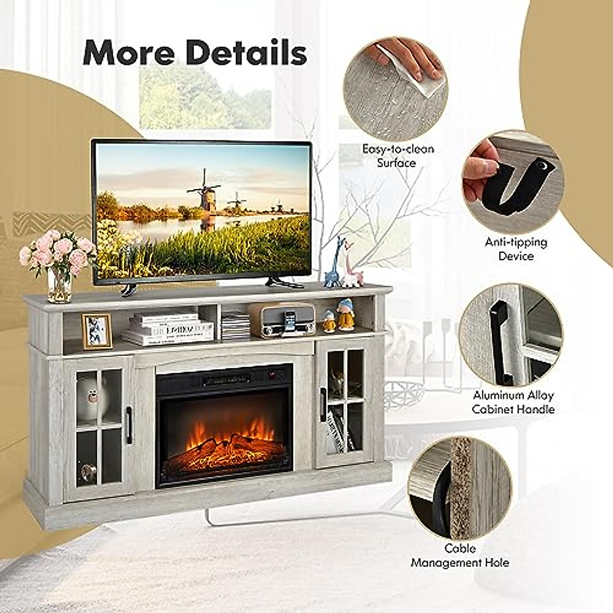 COSTWAY Electric Fireplace TV Stand for TVs Up to 65 Inches, 1400W Heater Insert with Remote Control, 6H Timer, 3-Level Flame, Overheat Protection and CSA Certification, Adjustable Shelves, Grey