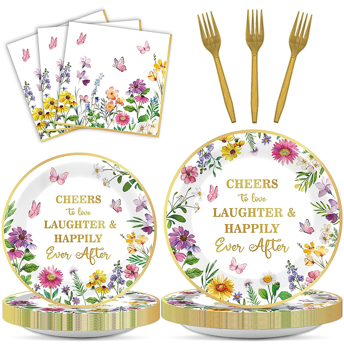 96Pcs Floral Bridal Shower Party Supplies Cheers to Love Tableware Set Wildflower Party Plates and Napkins Decorations for Engagement Bridal Shower Wedding Dinnerware Party Favors for 24 Guests