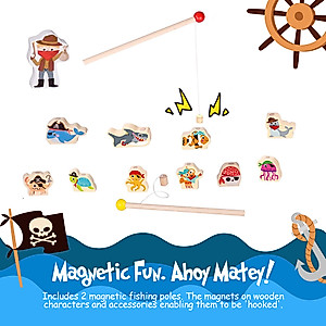 Pidoko Kids Pirate Theme Wooden Train Set - 72 Pcs - Includes Magnet Fishing Poles - Set compatible with all major brand tracks and trains