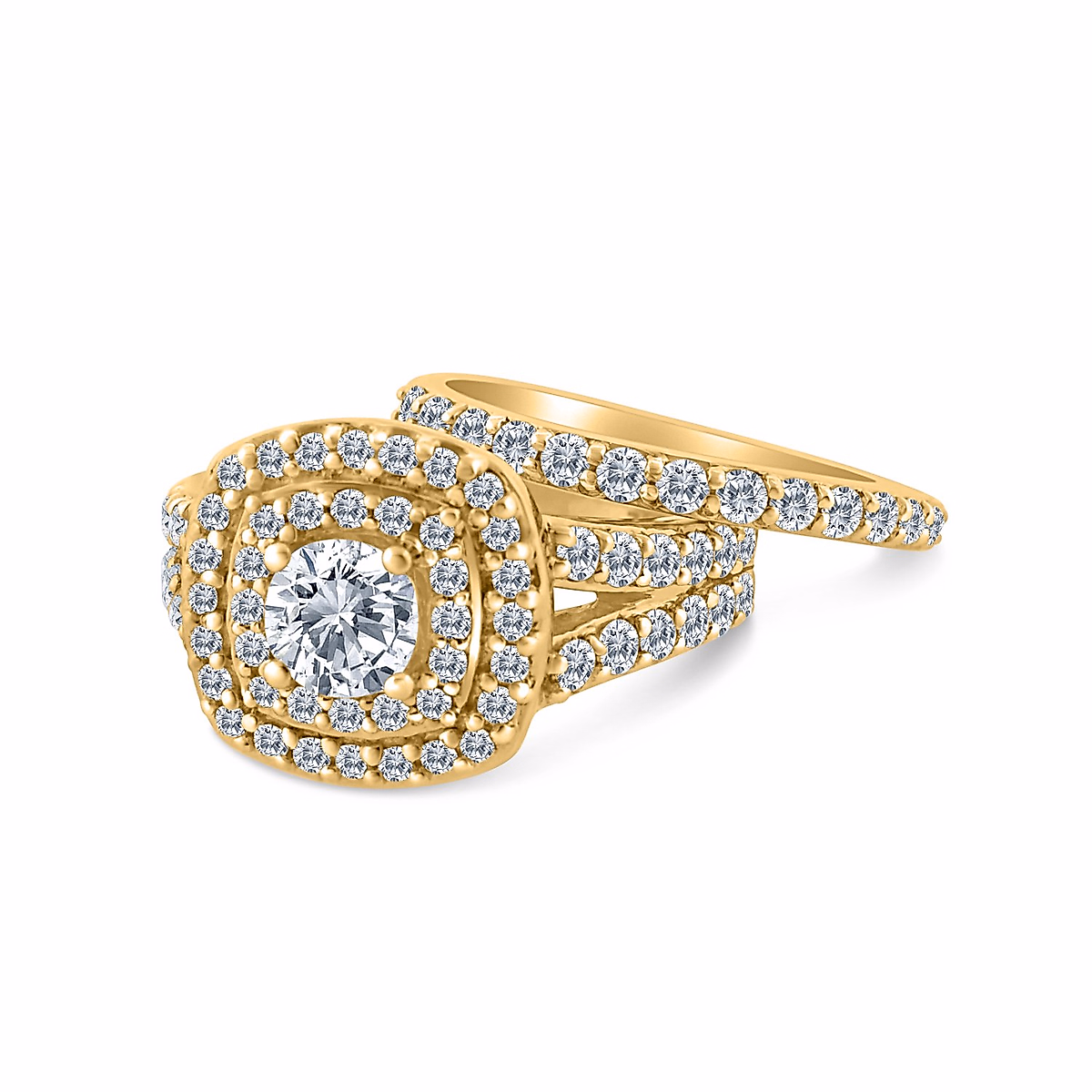 2.00ct Cushion Halo Diamond Engagement Wedding Ring Set 10K Yellow Gold (H-I, I2-I3)