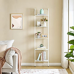Tajsoon Industrial Bookcase, Ladder Shelf, 5-Tier Wood Wall Mounted Bookshelf with Stable Metal Frame, Storage Shelves for Bedroom, Home Office, Collection, White