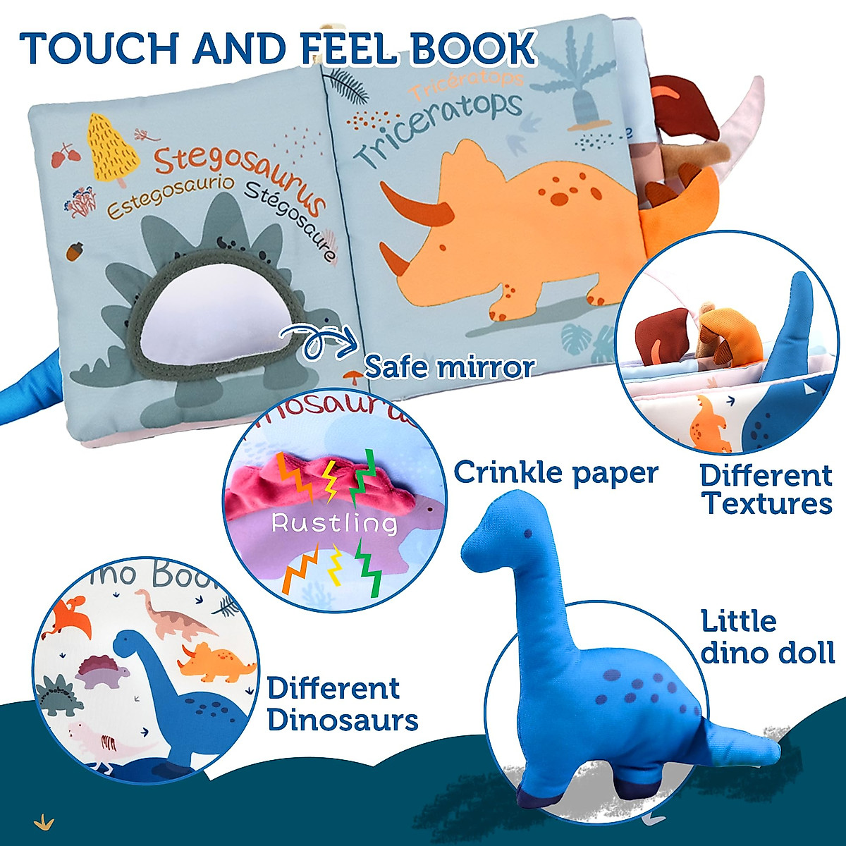 Richgv Baby Books Toys 0-6-12 Months, Baby Boy Gifts Touch and Feel Crinkle Books with Dino Doll, Newborn Infant Toys 6-9-12 Months, Carseat Toys Shower Gifts Baby Valentines Gifts Stocking Stuffers