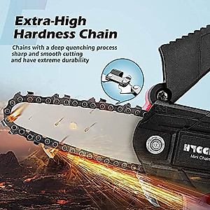 Mini Chainsaw 4-Inch with 2 Battery, Cordless Saw with 2 Chains Security Lock, Hand Held Small Rechargeable Chainsaw for Wood Cutting Tree Trimming Red with Box