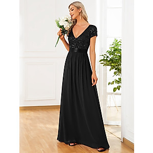 Ever-Pretty Women's Sequin V-Neck line Short Sleeves Empire Waist Maxi Evening Dress Formal Dress Black US12