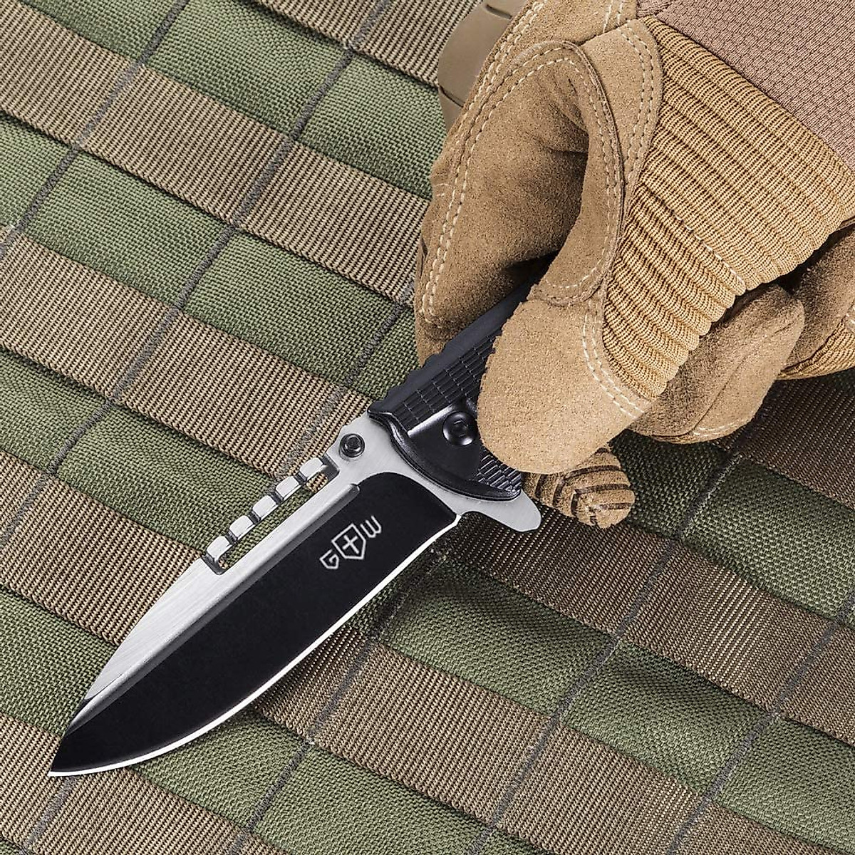 Bundle of 2 Items - Pocket Knife - Survival Military Foldable Knife - Best Outdoor Camping Hunting Bushcraft EDC Folding Knife - Knife with Serrated Blade - Best EDC Survival Camping Hiking Military