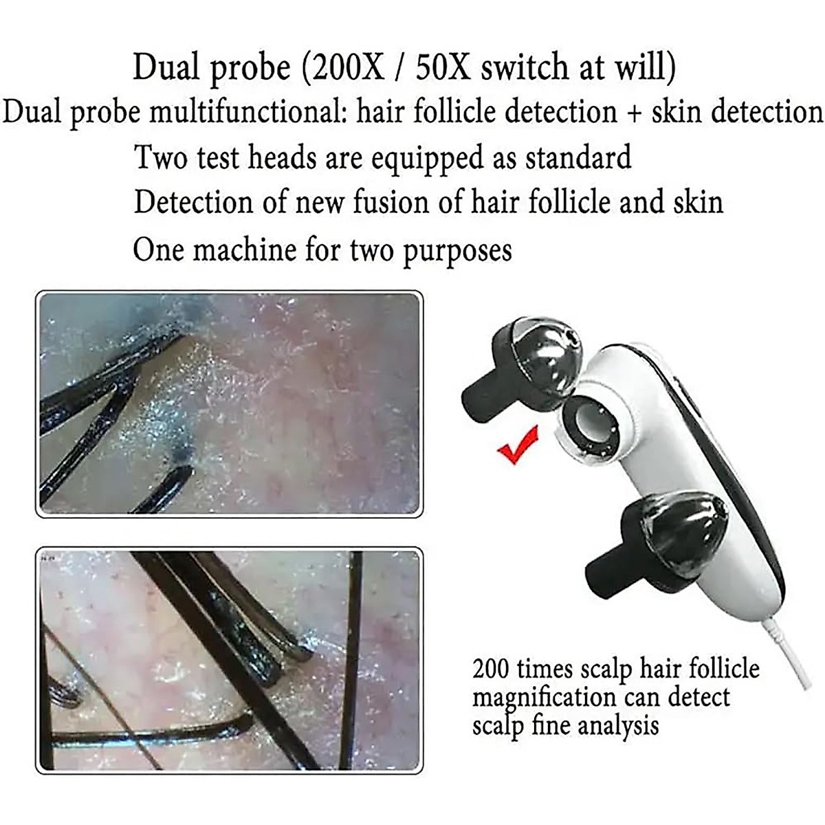 MAHWER USB WiFi Skin Diagnosis Hair Analyzer with 50X/200X Switch Freely Dual Probe, 4 Picture/Video Comparison, Scientific Analysis 1080P Skin Follicle Detector
