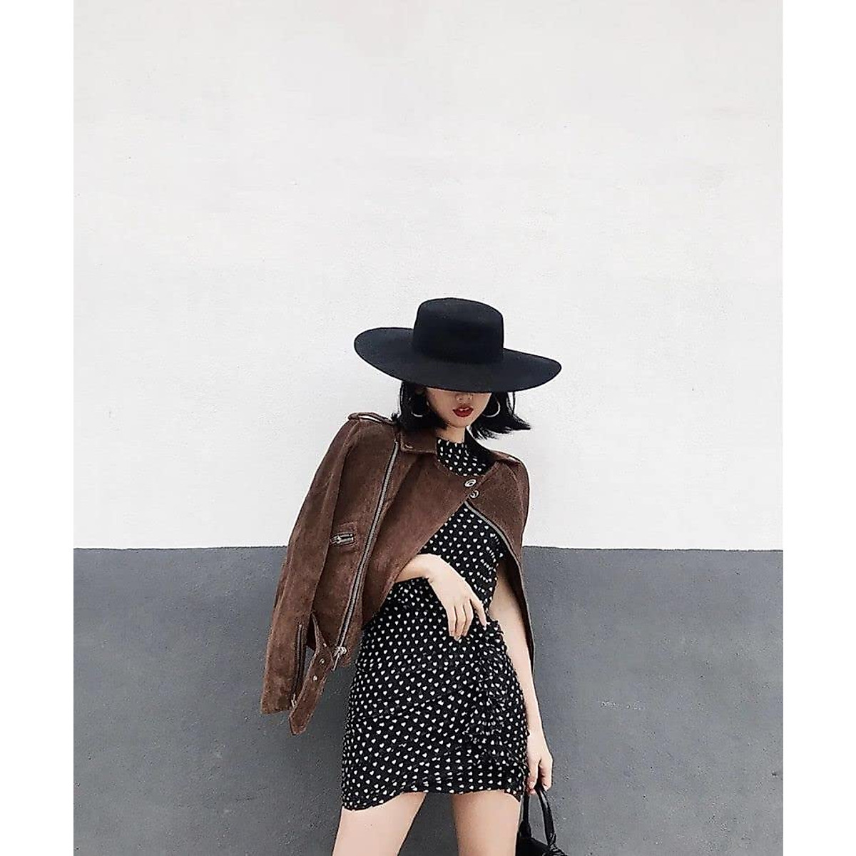 ENFUSO Gothic Nugoth Witchy Stiff Women's Fashion Accessory Black Wool Wide Brim Goth Witch Hat (Black04)