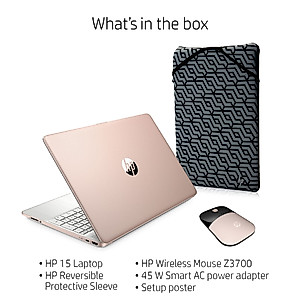 HP 15.6" AMD Athlon Silver 3050U, 4GB DDR4 RAM 128GB SSD, HDMI USB-C WiFi Webcam, Wireless Mouse, Sleeve, Rose Gold, Windows 10S, with one Year Microsoft 365, and GOLDOXIS SD Card