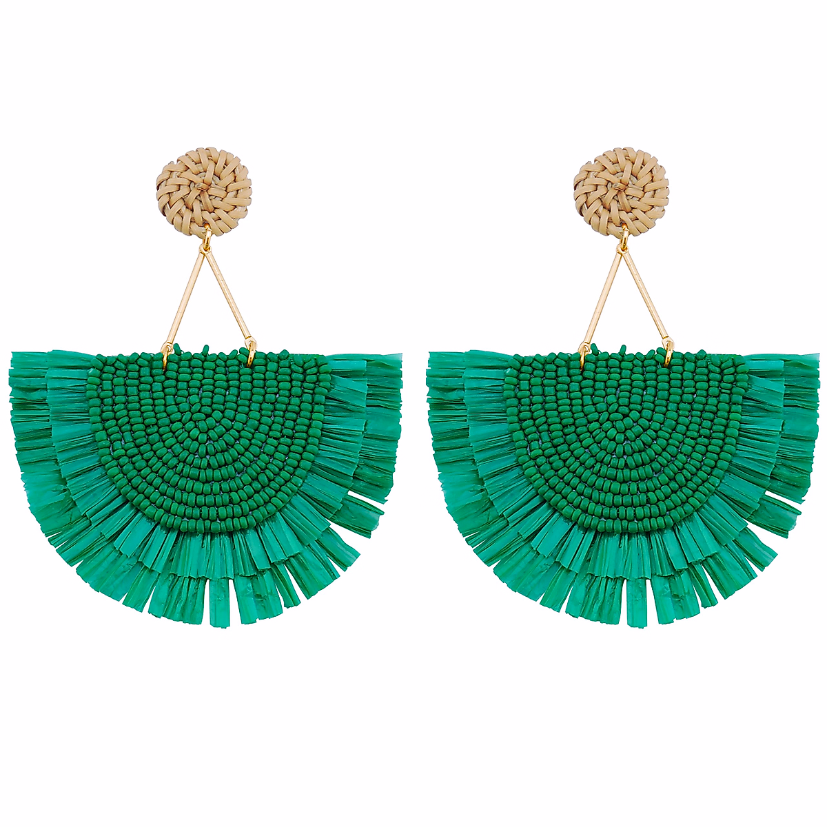 COIRIS Bohemia Beaded Fringe Statement Earrings with Long Dangling Tassel Raffia Earrings for Women(ER1183-Green Big)