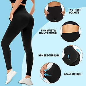 MOREFEEL Leggings with Pockets for Women, High Waisted Tummy Control Workout Black Hip Lift Yoga Pants Activewear