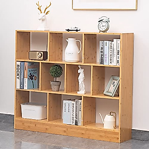 Maydear Bookcase 10 Cube Bookshelves with Base, 3-Tier Bamboo Freestanding Bookcase Storage Organizer Open Shelf Display Cabinet for Bedroom, Living Room, Kitchen and Office Storage Shelves