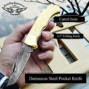 Best.Buy.Damascus1 Damascus knife - Pocket Folding Knife - Blue Wood Handel - damascus Knife - Damascus Pocket knife - Knife for Men - Knives - Good For Camping Hunting knife men - Mens Gift (Camel)