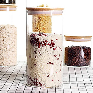 LEAVES AND TREES Y Stackable Kitchen Canisters Set, Pack of 5 Clear Glass Food Storage Jars Containers with Airtight Bamboo Lid for Candy, Cookie, Rice, Sugar, Flour, Pasta, Nuts