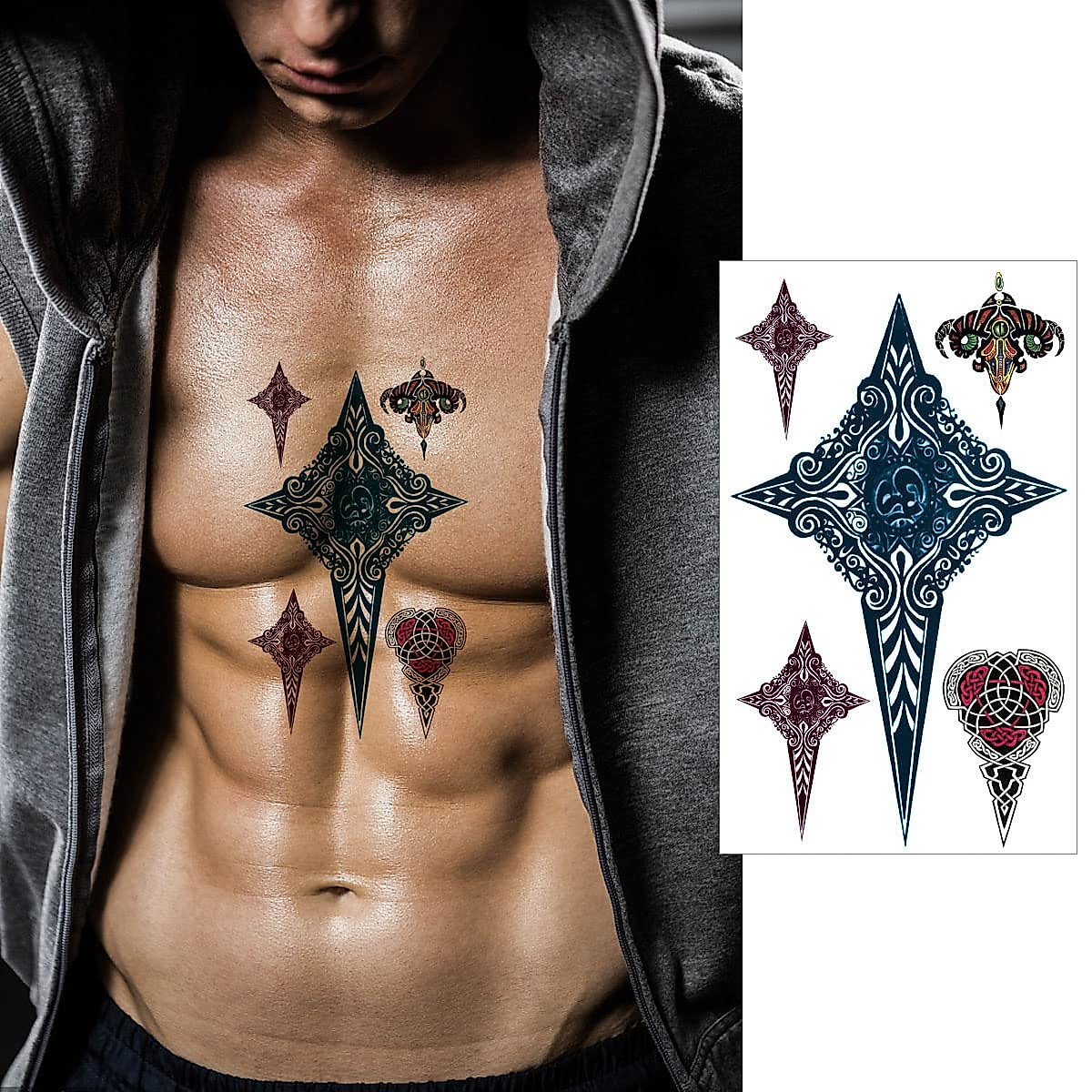 Large Tattoos Fake Temporary Body Art Stickers for Men Women Teens, VIWIEU 3D Realistic Girls Chest Temporary Tattoos, 5 Sheets, Water Transfer Body Tattoos