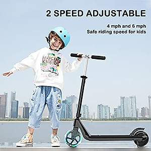 LINGTENG Electric Scooter for Kids Age of 6-10, Up to 6 mph and 80 min Ride Time, Kick-Start Boost Kids Scooter with Adjustable Speed and Height, Kids Scooter with Flash Wheel & Deck Lights（Black）