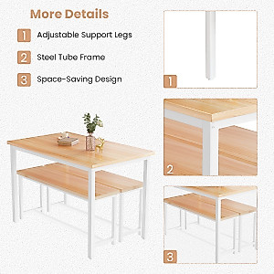 Recaceik 47” Dining Table Set with Benches, 3 Pieces Dining Room Table Set for 4, Wood Kitchen Table and Chair Set, Space Saving Dinette Set for Breakfast Nook, Dining Room, Beige