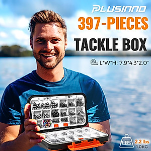 PLUSINNO 397pcs Fishing Accessories Kit, Fishing Tackle Box with Tackle Included, Hooks, Weights, Jig Heads, Swivels Snaps Combined into 12 Rigs, Fishing Gear Equipment for Bass