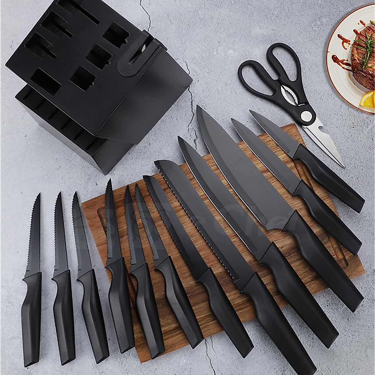 Knife Set, 14 Pieces Kitchen Knife Set with Built-in Sharpener Block, Self Sharpening Knives Sets, Stainless Steel Knife Block Set, Black