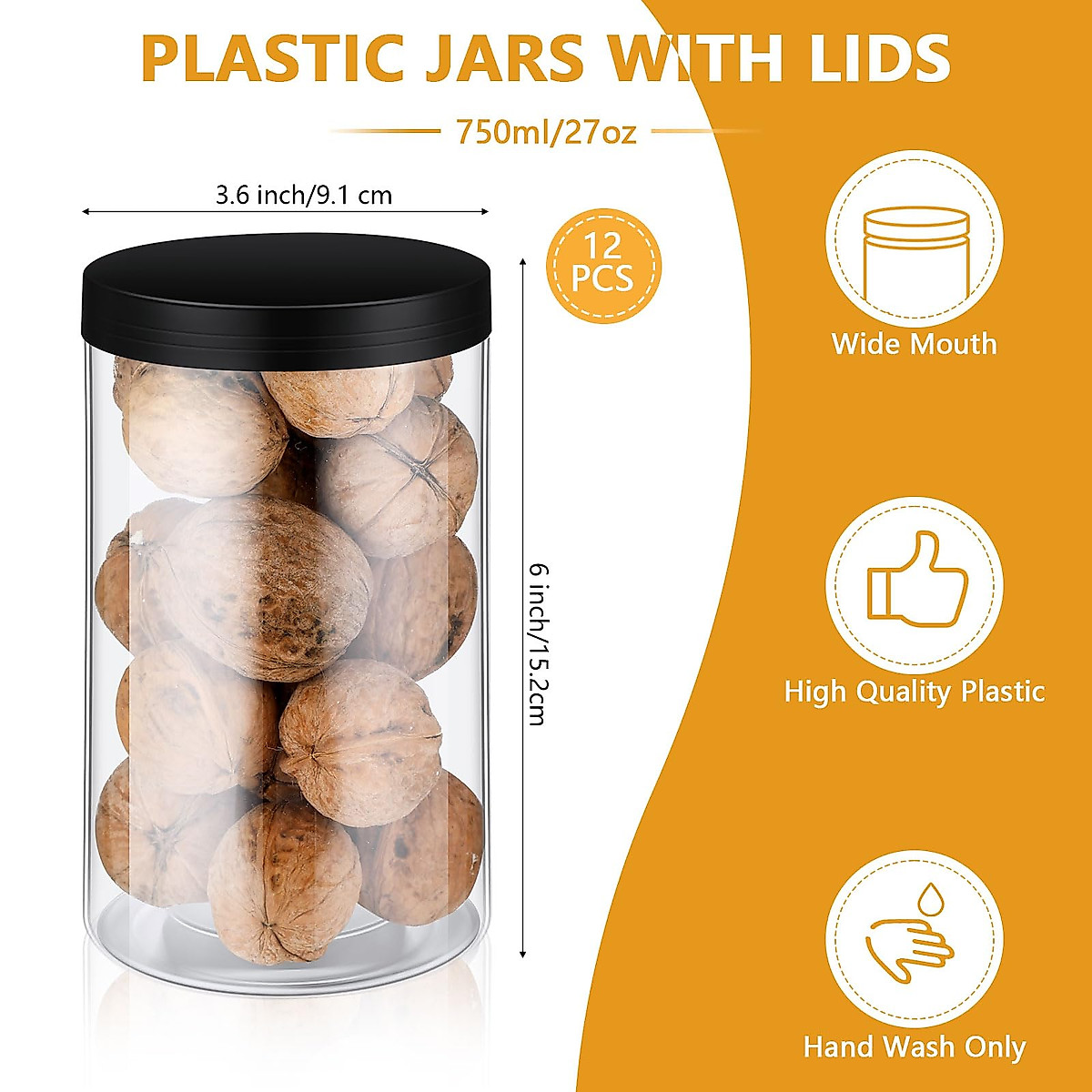 meekoo 12 Pcs 27 Ounce Plastic Jars with Lids PET Airtight Food Storage Container Clear Plastic Mason Jars Wide Mouth Cylinder Container for Meal Kitchen Organizing Spices Butter Cream