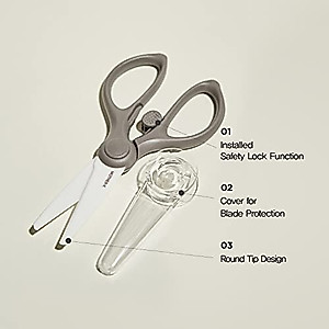 MOTHER-K Portable Ceramic Scissors with Tong Set, Ceramic Scissors for Baby Food with Protective Blade Cover and Portable Case, Safety Lock (GREY)
