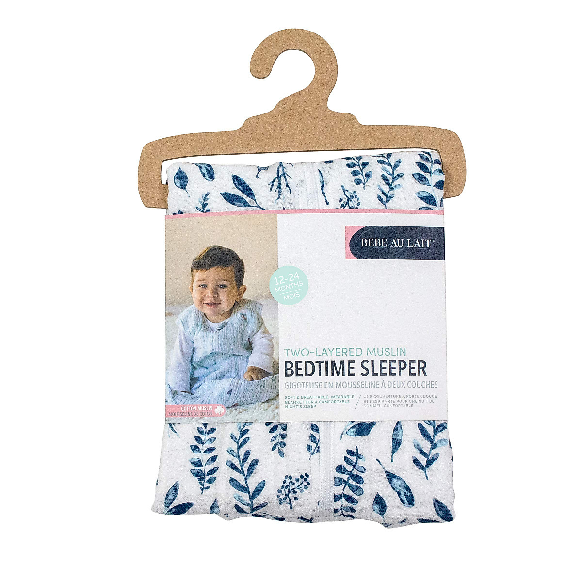 Bebe au Lait Premium Muslin Bedtime Sleeper, 12 - 24 Months - Blue Leaves