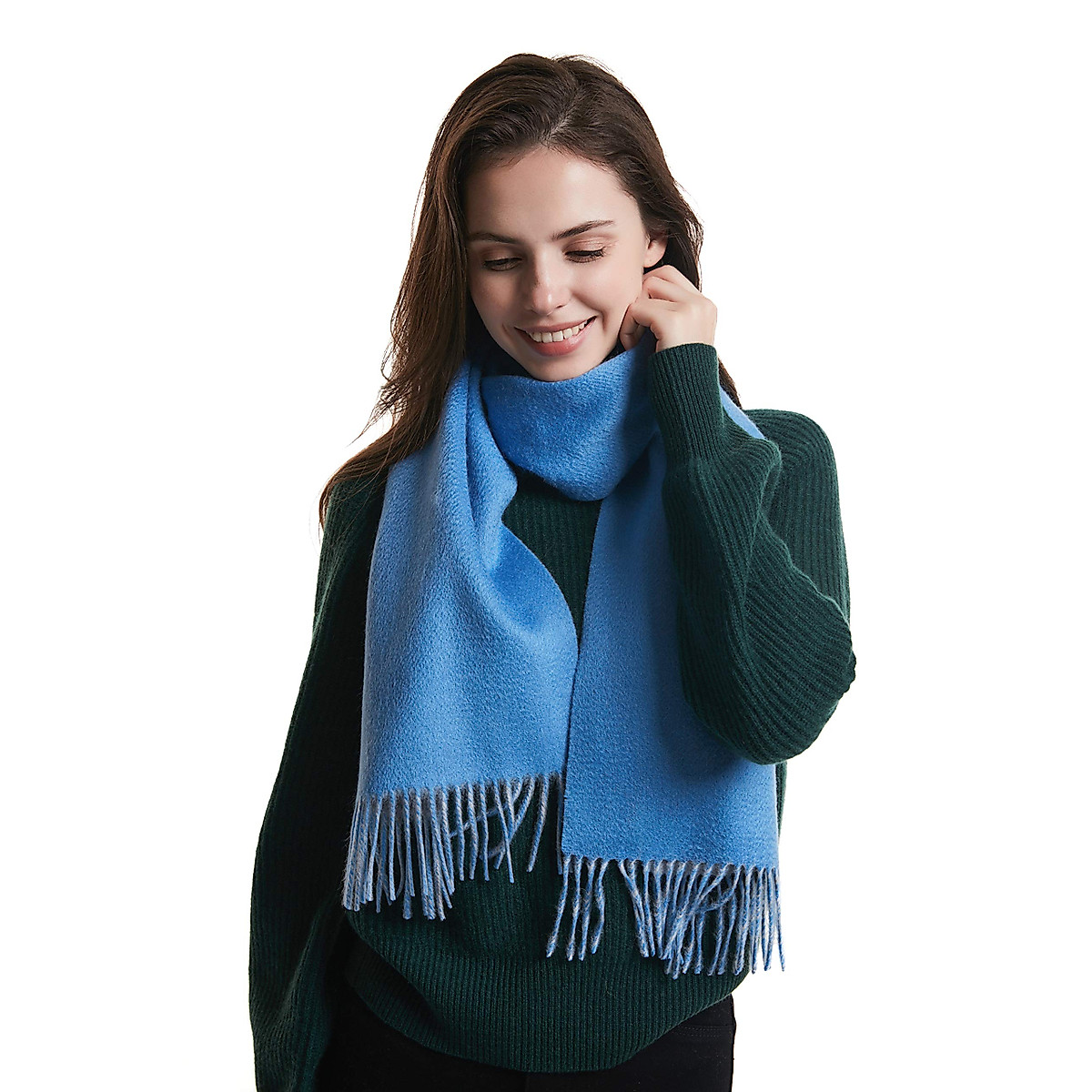EURKEA 100% Cashmere 2024 Winter Scarf for Women, Fringed Edges, Warm & Soft, Lightweight, Gift Ready, Solid/Plaid/Two-Tone, Blue_Solid, Free Size