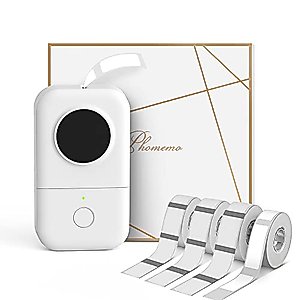 Phomemo D30 Label Maker Machine with 4 Tapes - Black on Clear, White Tape, Mini Bluetooth Label Printer, Portable Smart Phone Handheld Sticker Mini Labeler Inkless Rechargeable, BPA-Free