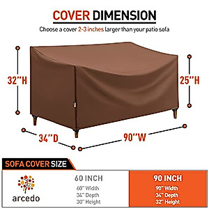 Arcedo Patio Sofa Cover, Waterproof Outdoor 3 Seater Couch Cover, Heavy Duty Outdoor Sofa Cover, Durable Windproof Patio Furniture Sectional Cover, 90W x 34D x 32 H Inch, Brown