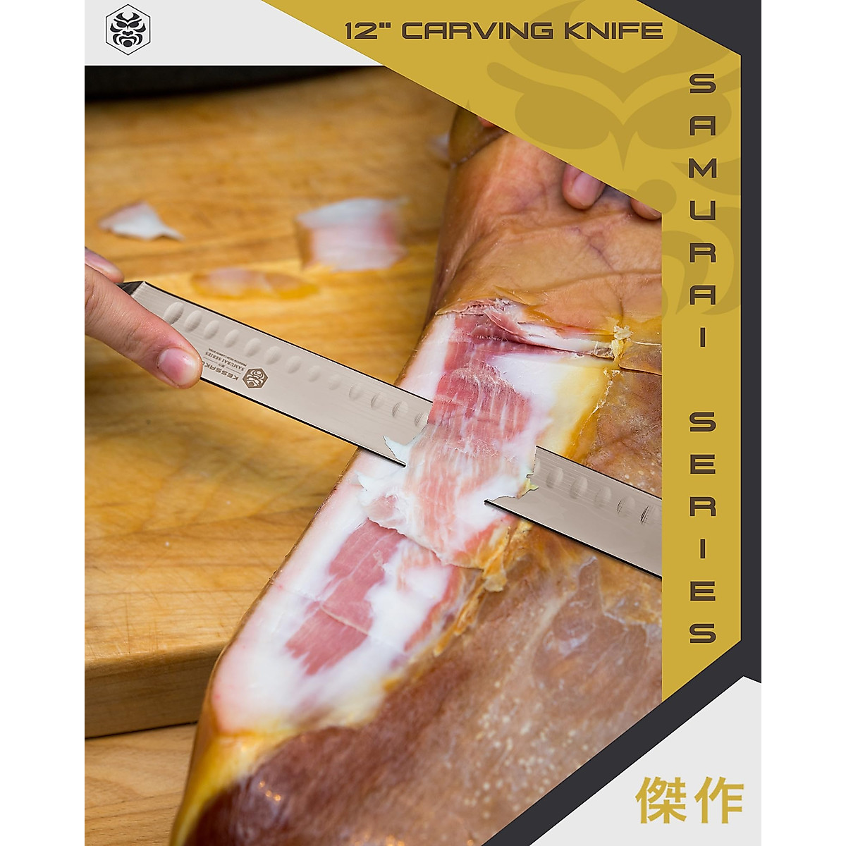 KESSAKU Carving Knife - 12 inch - Samurai Series - Razor Sharp - Granton Edge - Forged 7Cr17MoV High Carbon Stainless Steel - Wood Handle with Blade Guard