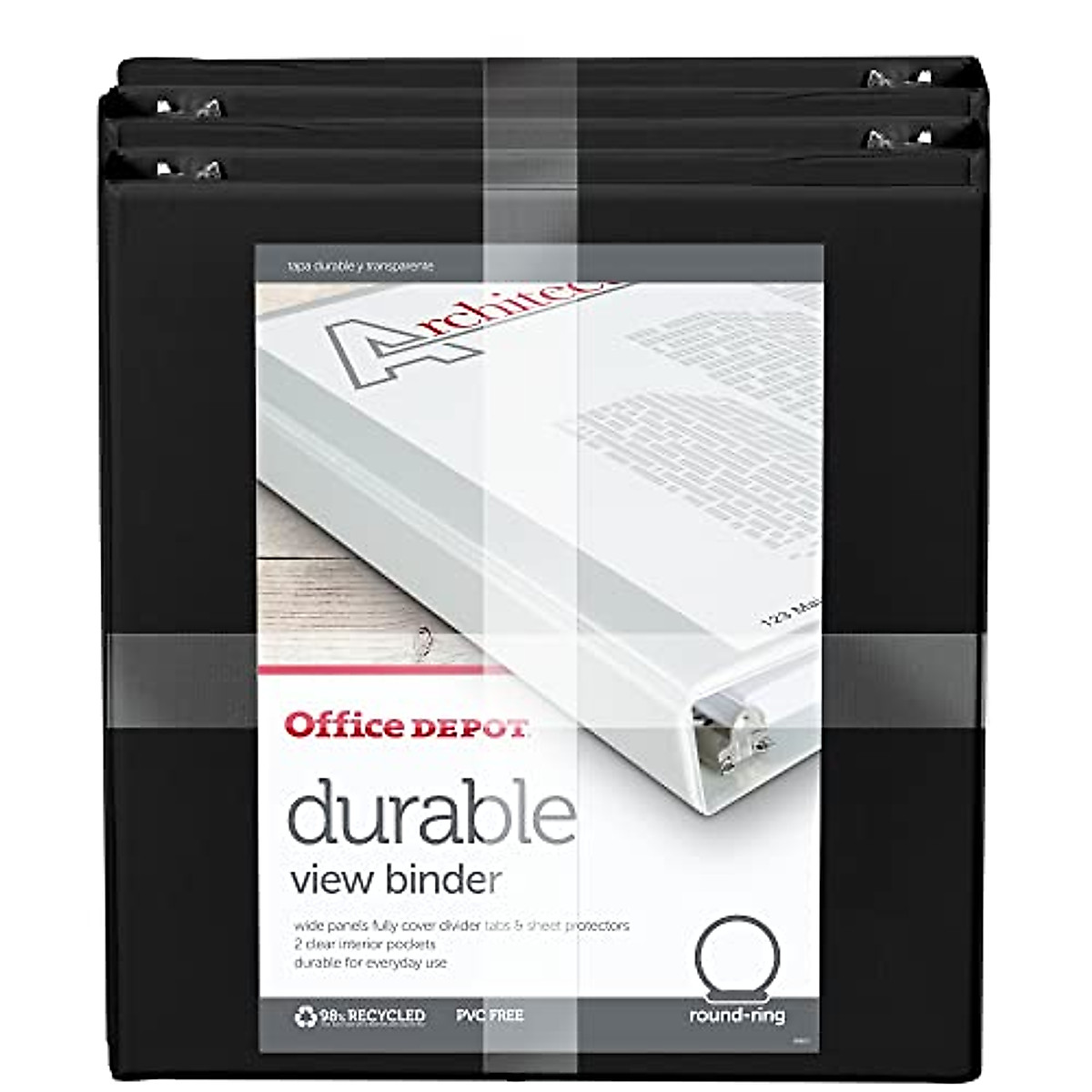Office Depot® Brand Durable View 3-Ring Binder, 1 1/2" Round Rings, 49% Recycled, Black, Pack Of 4