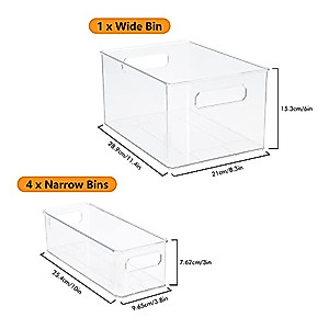 elabo Refrigerator Organizer Bins, Stackable Food Storage Bins for Kitchen, Cabinet, Freezer, Fridge, Pantry Organization, 5 Pack, Include 1 Wide and 4 Narrow Bins, Clear Plastic BPA Free