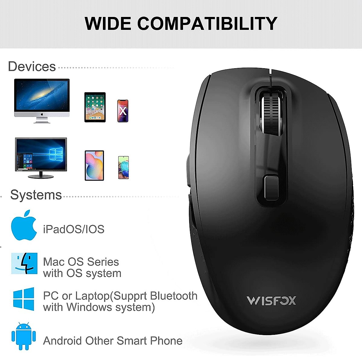 WisFox Bluetooth Mouse, Silent Wireless Mouse Come with 2 Modes (Bluetooth 3.0/5.0 + USB), Multi-Device Portable Cordless Mouse for Laptop, iPad, MacOS, PC, Windows, Android (Black)