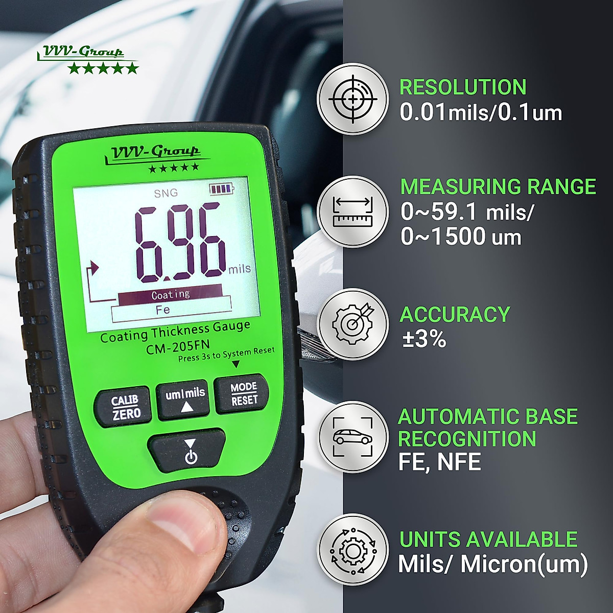 Paint Thickness Meter CM-205FN | Best Mil Coating Depth Gauge Tester for Cars with Resol 0.01mil | F/NF Measuring