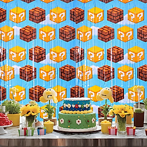 Bupelo Super Bros Birthday Party Supplies, 2 Pack Question & Brick Tinsel Foil Fringe Curtains, Super Game Themed Photo Booth Prop Party Backdrop, Super Bros Party Decorations Room Decor for Kids