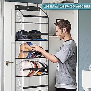 AOODA Clear Over the Door Hat Racks for Baseball Caps, Large Holds up to 72 Caps Hat Storage Organizer for Closet Wall, Deep Pockets Hanging Hat Holder with 3 Hooks, Black