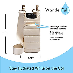 WanderFull Original Crossbody HydroBag | Quilted Water Bottle Carrier | Puffer Tote Tumbler Holder with Pockets for Purse, Phone & Accessories | Carry Travel Essentials (Ivory Gloss)