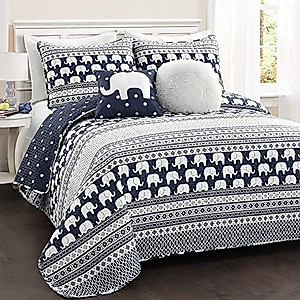 Lush Decor Elephant Stripe 5 Piece Quilt Set, Navy, Full Queen