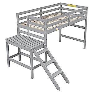Prohon Loft Bed Twin Size with Platform & Ladder, Simple Loftbed with Large Underbed Storage Space and Full-Length Guardrails, Wooden Slat Support Loft Beds Frame, No Box Spring Needed, Grey