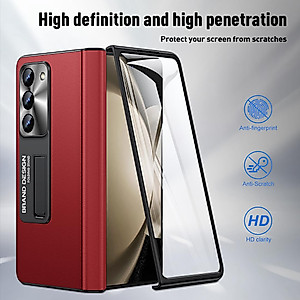 LEIAU for Samsung Galaxy Fold 5 Case: Luxury Genuine Leather case with Full Cover Hinge Protection & Screen Protector & Kickstand - Shockproof Protective Phone Case for Galaxy Z Fold 5 5G Red