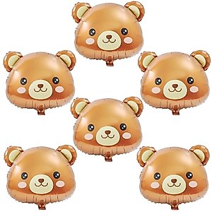 6-Pack 22-Inch Bear Head Aluminum Foil Balloons - Brown Bear Shaped Mylar Balloons for Jungle Woodland Animal Farm Safari Theme Party Decorations, Baby Shower, Gender Reveal and Birthday Supplies