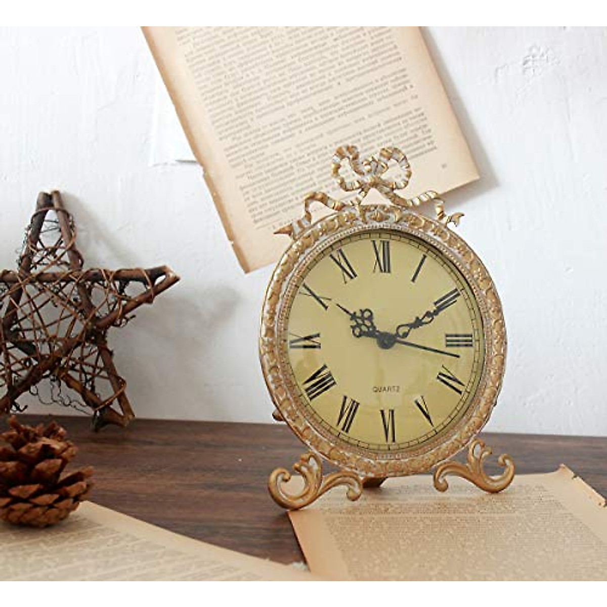 Funly mee Vintage Pewter Table Clock with Antique Golden Bow（Plexiglass Shell）