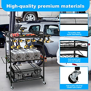 AQNIEGEP Power Tool Organizer Cart with 3 Charging Station, Garage Rolling Tool Storage Cart, Mobile Tool Cart with Wheels, Garage Workshop Gift Ideas for Dad Men Black