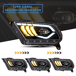 VLAND Projector Led Headlights Compatible with Ford Mustang 2010-2014 w/Amber Sequential Turn Signal w/Dynamic Animation& Breathing Lighting
