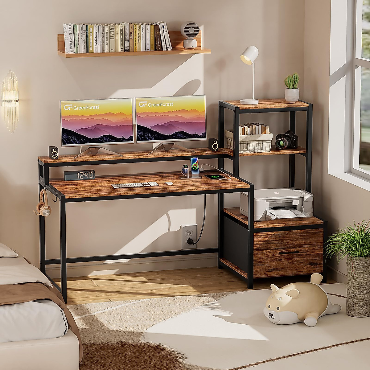 GreenForest Office Desk with Power Outlets and Printer Shelf, 68.8 inch Computer Desk with LED and Drawer, Reversible Gaming Desk with Storage for Home Study Working,Walnut