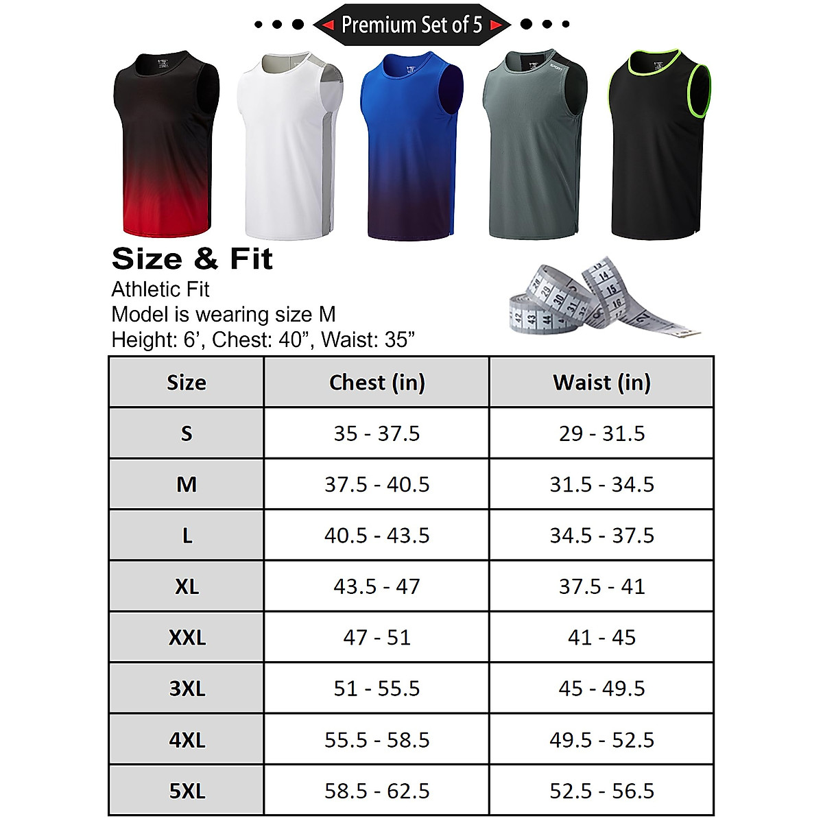 Liberty Imports Pack of 5 Men's Stretch Cool Dry Muscle Tank Tops Athletic Crewneck Sleeveless Workout Shirts (Black/White/Gray/Gradient Red/Gradient Blue, Medium)